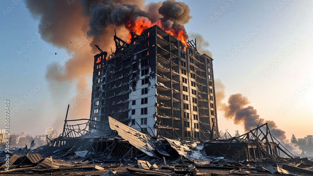 Ultra realistic image of a burned building with blackened walls ...