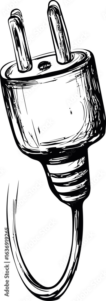 Vintage black and white illustration of an electric plug sketch. Vector ...