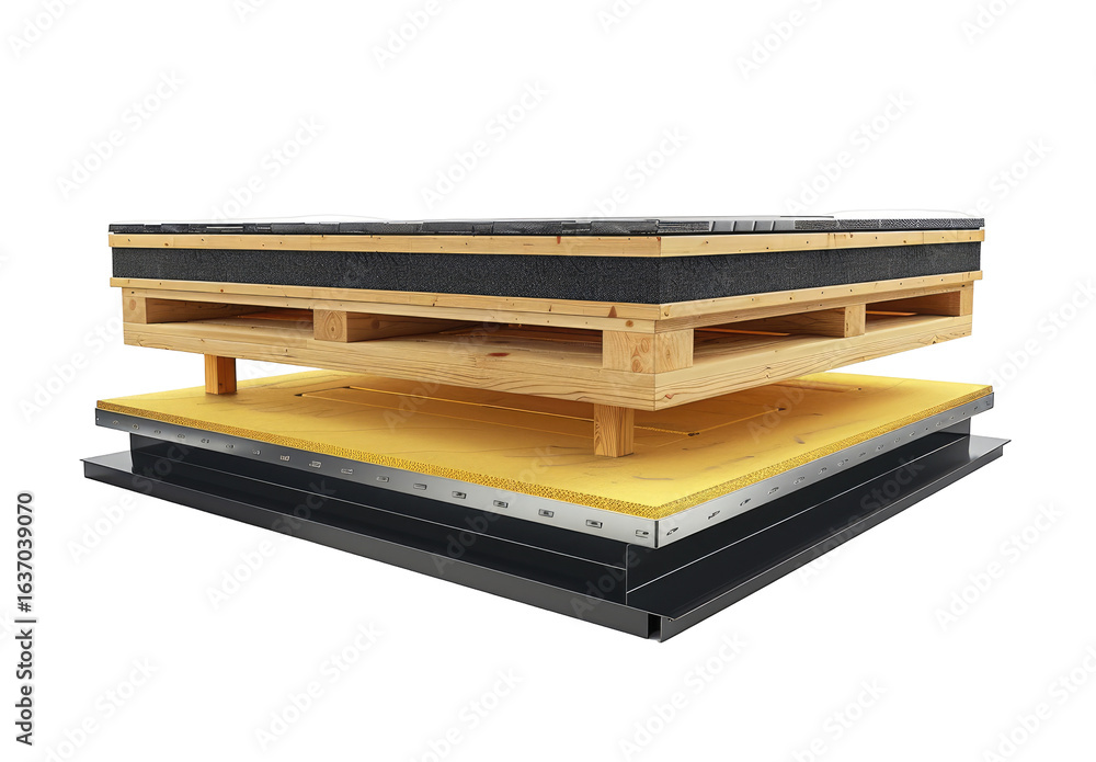 Cross-section of a roof deck, revealing layered insulation and support ...