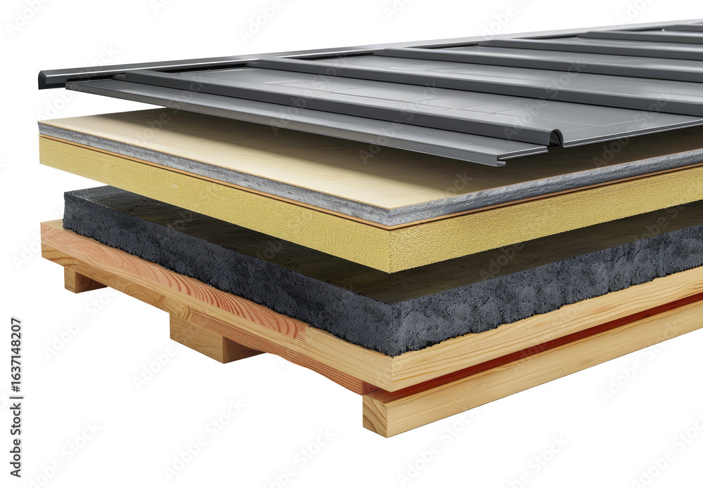 Cross-section of a layered building roof system. Layers of insulation ...
