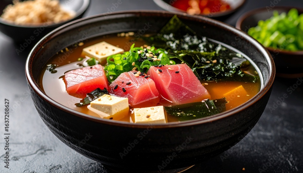 Japanese Miso Soup With Fresh Tuna, Dried Seaweed, Tofu. Stock Photo ...