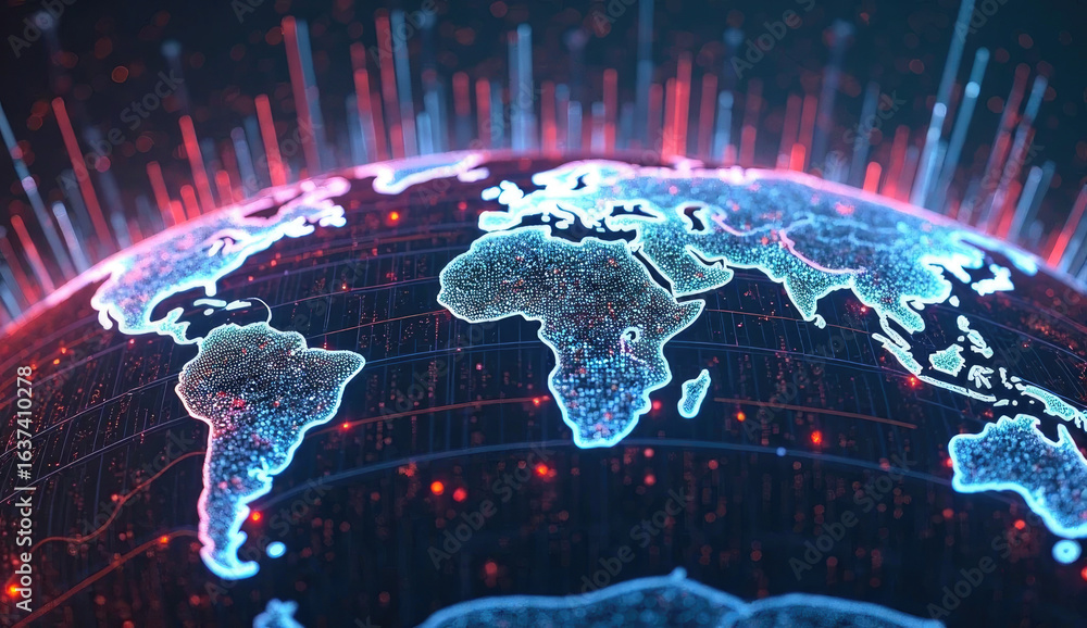 “Global economy visualization with neon lines connecting major cities ...