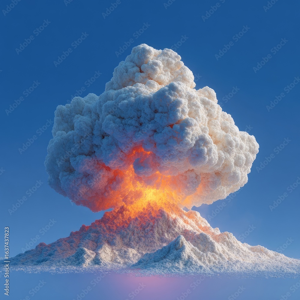 Volcanic eruption, massive cloud of ash, fiery explosion, snowy ...