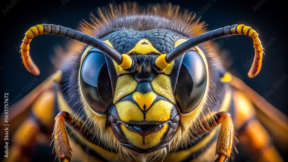 Macro of a wasp face in high detail showing compound eyes and antenna ...