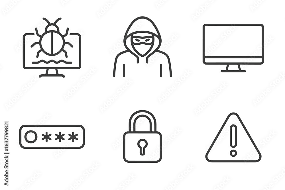 Cybersecurity icons: hacker, bug, monitor, password, lock, warning ...