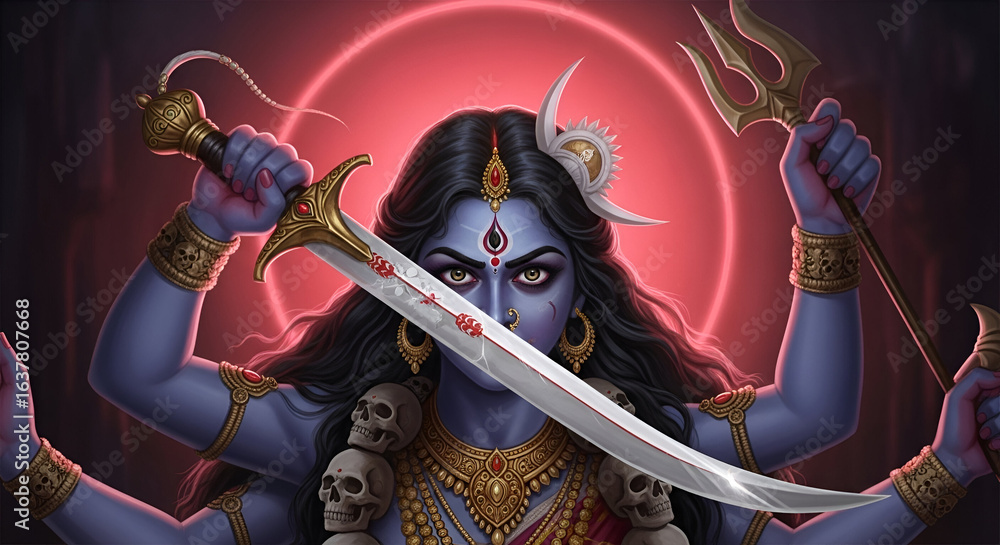 Illustration Stock Kali goddess with blooded sword in dramatic hindu ...