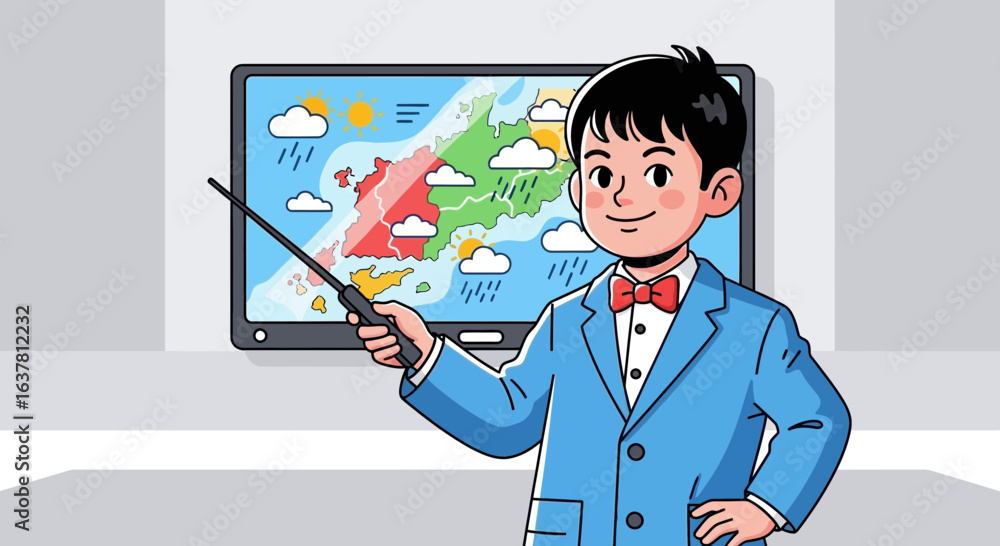 Cartoon weatherman points to a weather map on a screen. Stock Vector ...