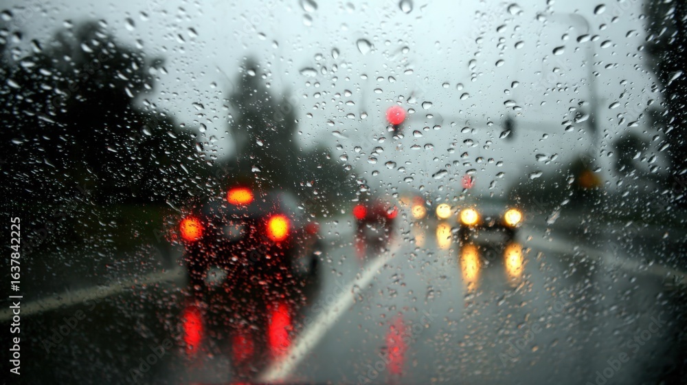 Driving in Heavy Rain: Blurred View Through Windshield with Raindrops ...