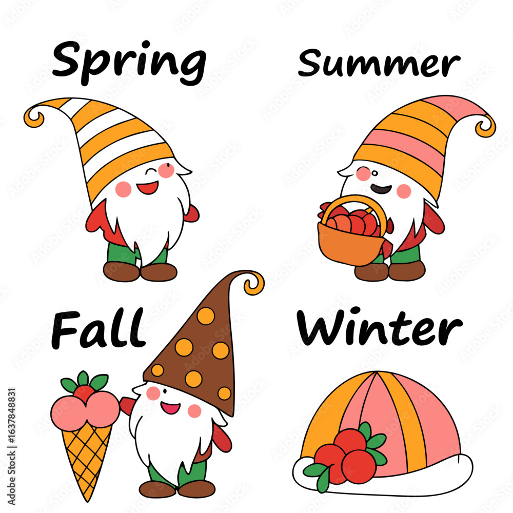Cute cartoon gnomes representing the four seasons spring summer fall ...