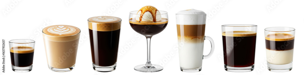 assortment of coffee drinks with espresso, cappuccino, long black ...