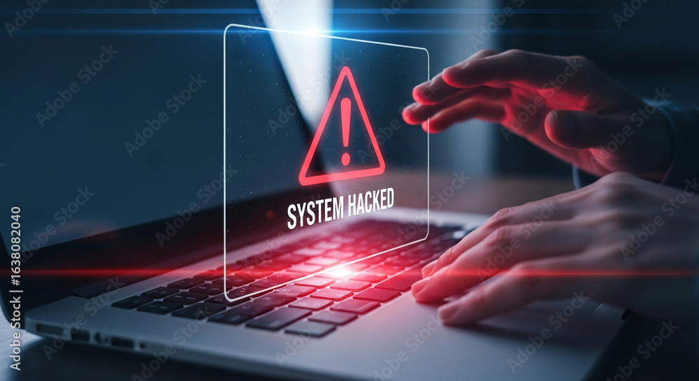 Laptop screen displays a warning: "System Hacked," symbolized by a red ...