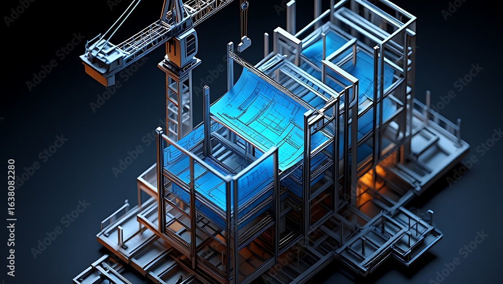 Conceptual Construction Project with Blueprint and Crane in 3D Render ...
