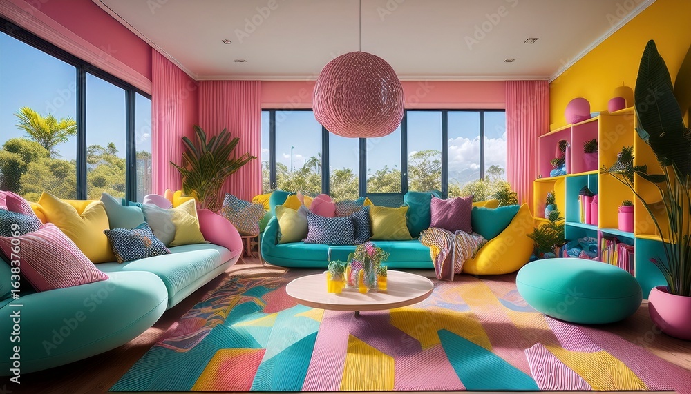 dopamine style living room interior with bright colors and playful ...