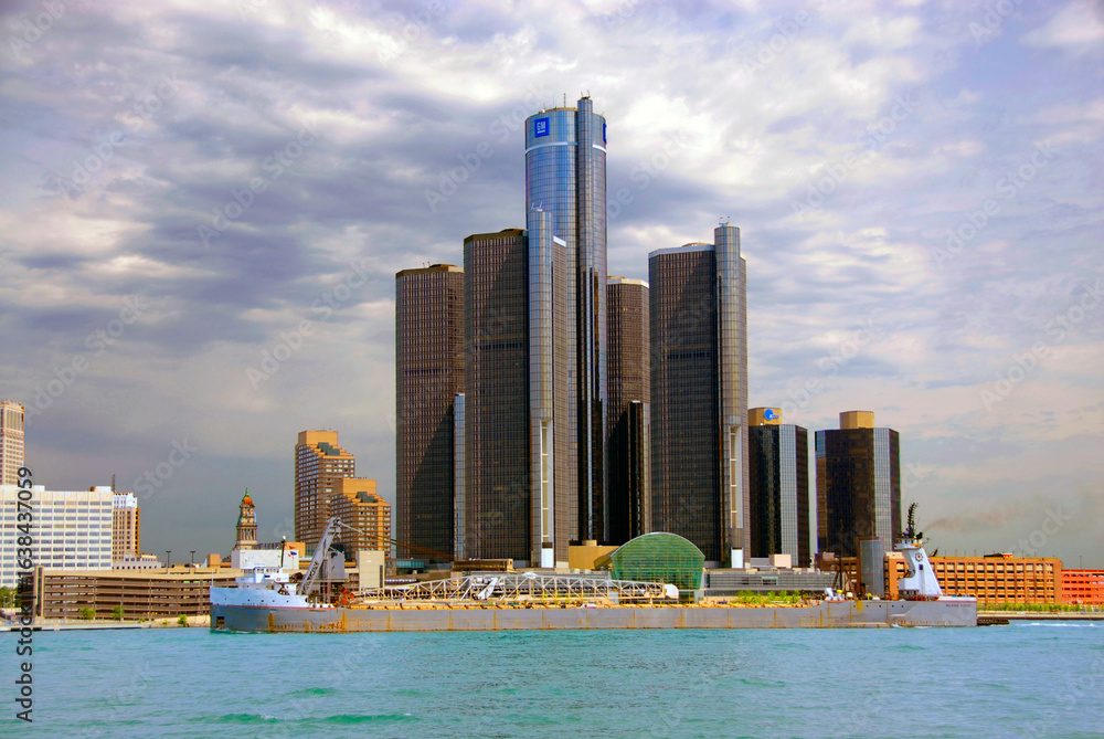 Detroit Michigan skyline featuring the GM General Motors world ...