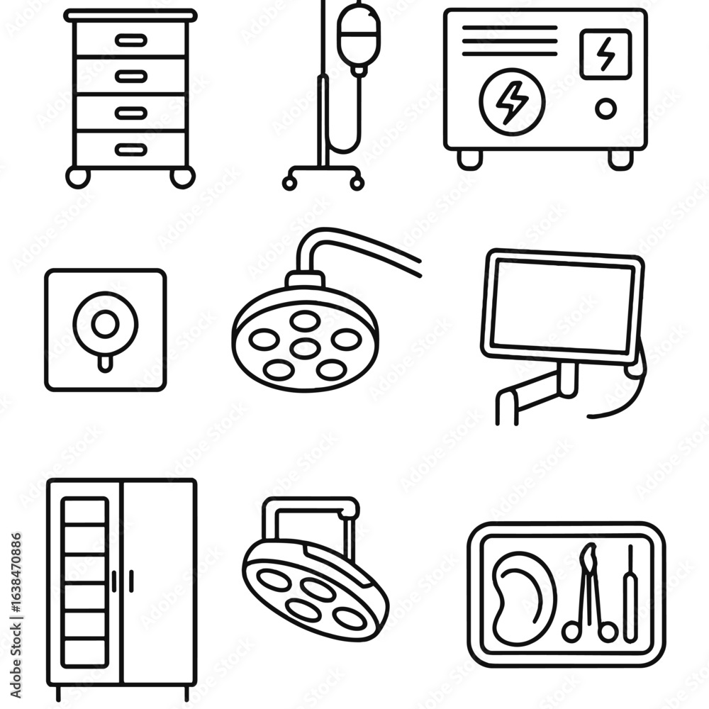 Stock-Vektorgrafik „ICU Equipment Icons. Outline style icons of ICU ...