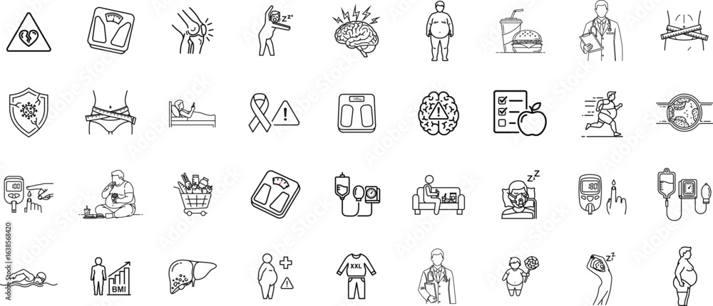 Obesity Health Risks line icon set. Vector pictograms of BMI chart ...