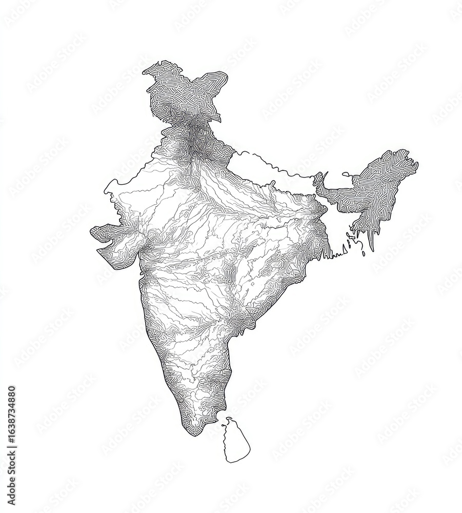 Monochrome map of India, highlighting river systems Stock Photo | Adobe ...