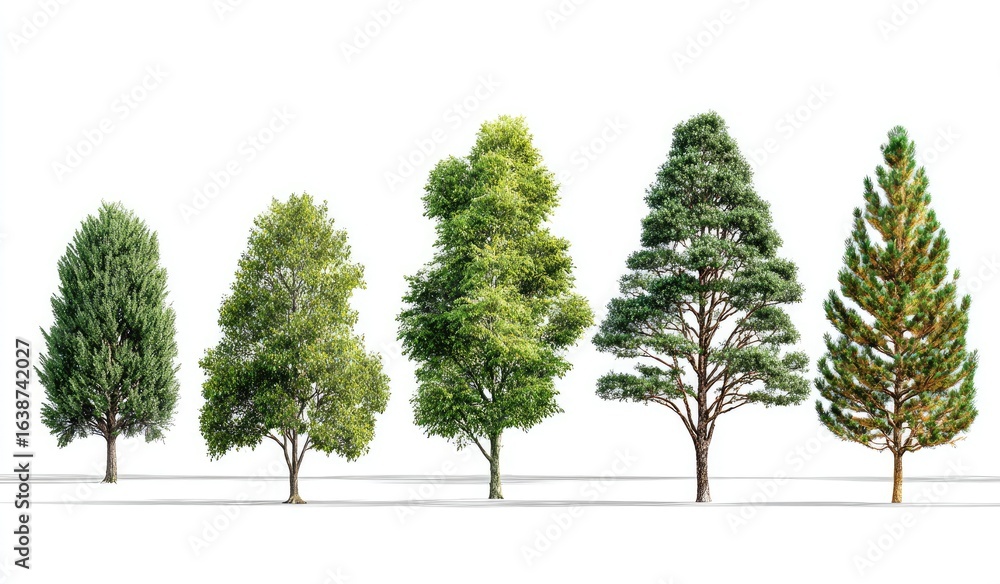 Row of trees of varying heights and foliage, against a white background ...
