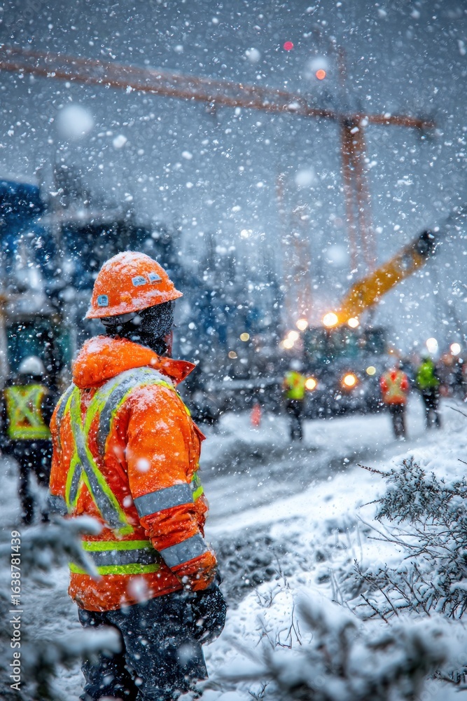 Snowy construction site worker Stock Photo | Adobe Stock
