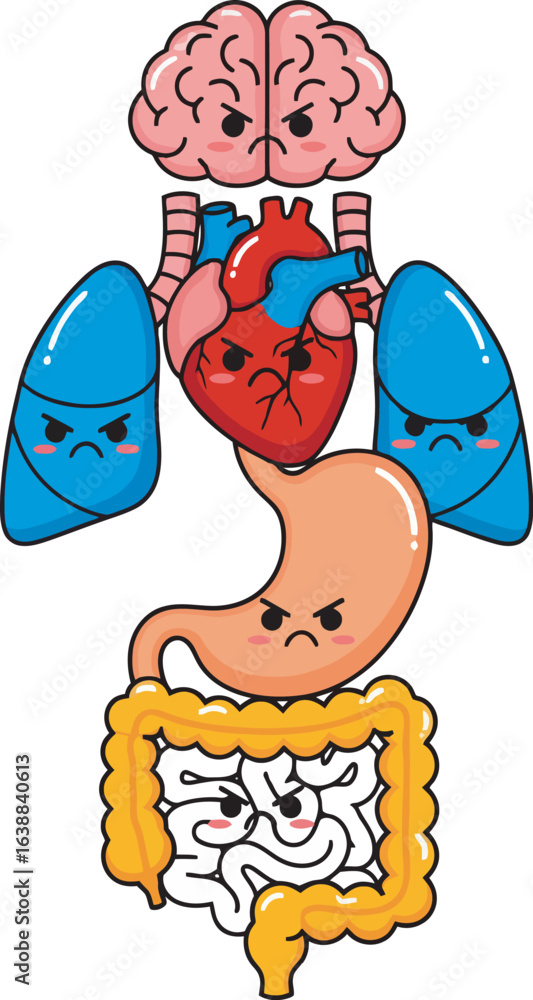 Cartoon illustration of human internal organs with angry facial ...