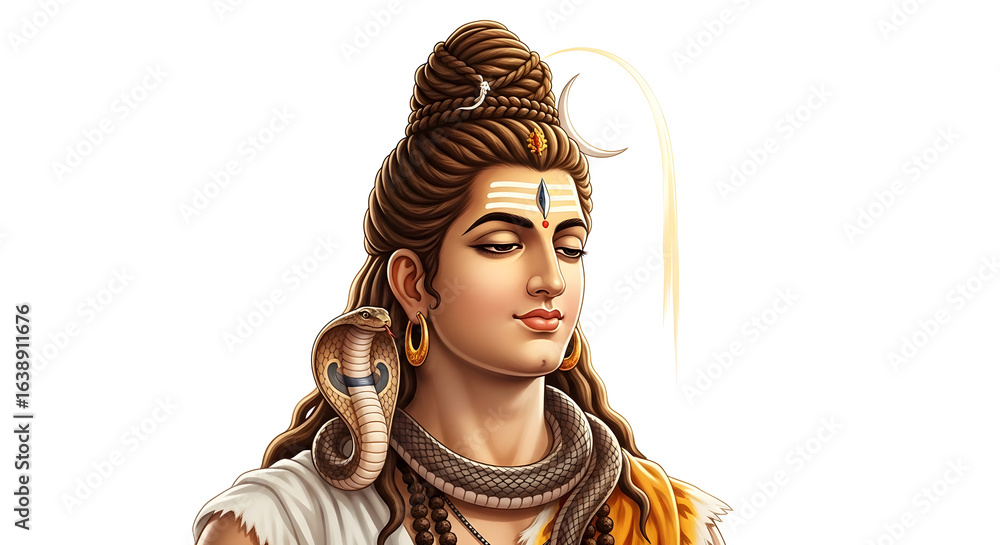 Illustration Stock Lord Shiva Serene Portrait with Crescent Moon and ...