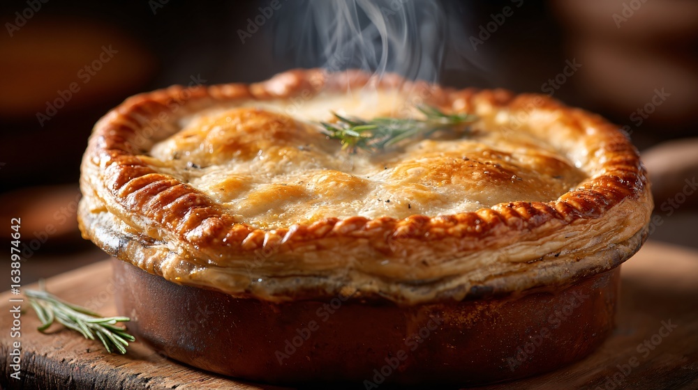 Chicken pot pie with flaky crust, steam visible, cozy autumn setting ...