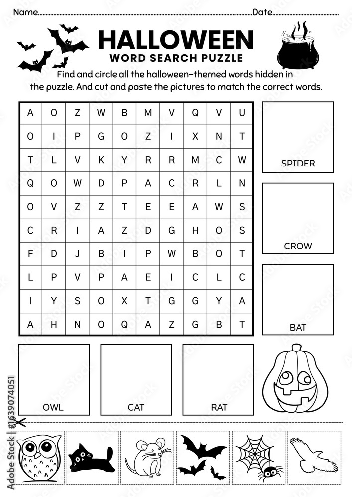 Halloween Word Search Puzzle for Kids, Cut and Paste Vocabulary Game ...