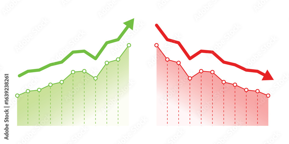 Set of Green arrow up and red down arrow. Finance profit and loss graph ...