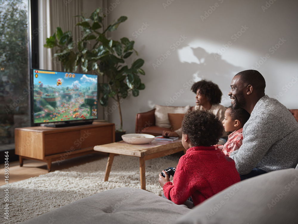 A loving family, including kids, joyfully play video games together on ...