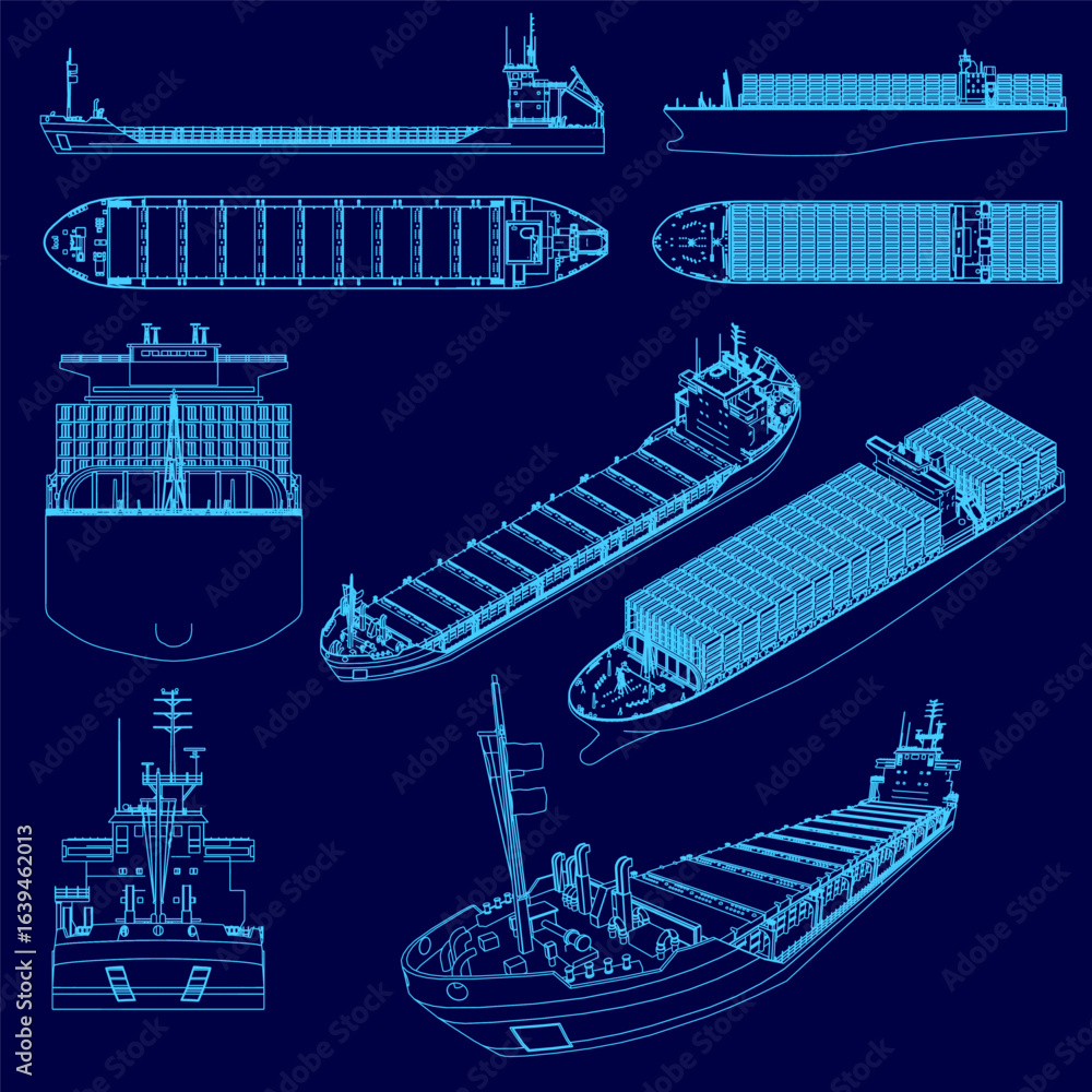 Vetor A detailed blueprint of a large cargo ship features intricate ...