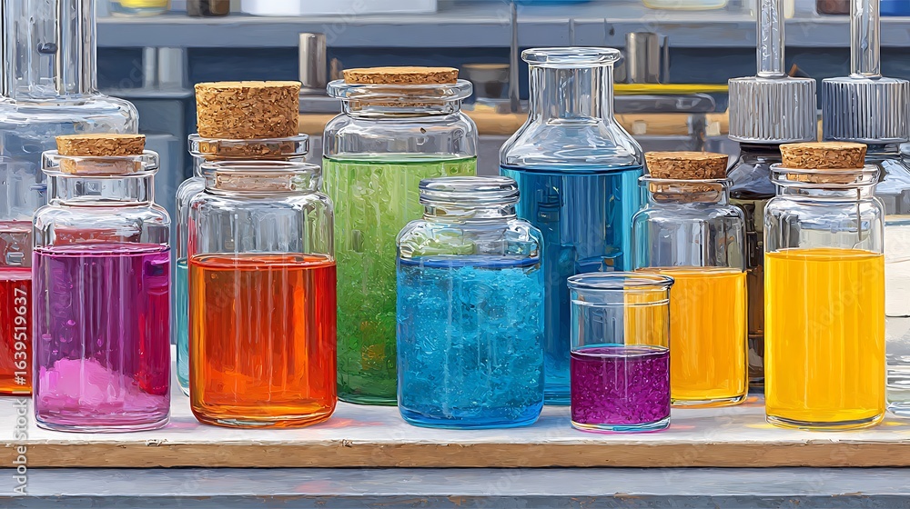 Colorful Organic Chemistry Illustration with Various Liquid Samples ...