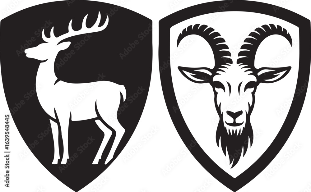 White silhouette of a deer and a ram head on black shields sheep goat ...