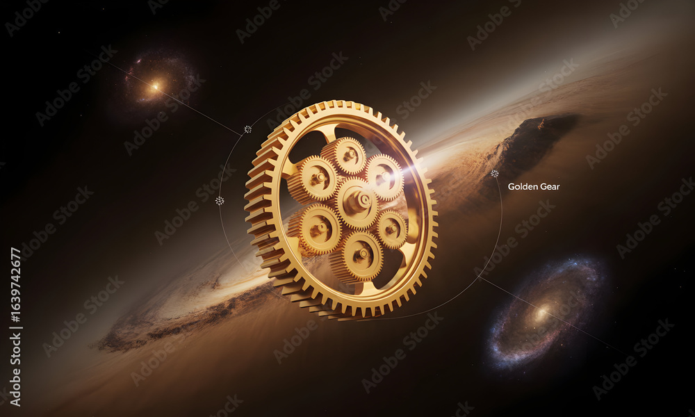 An elaborate golden gear mechanism symbolizes cosmic order within a ...