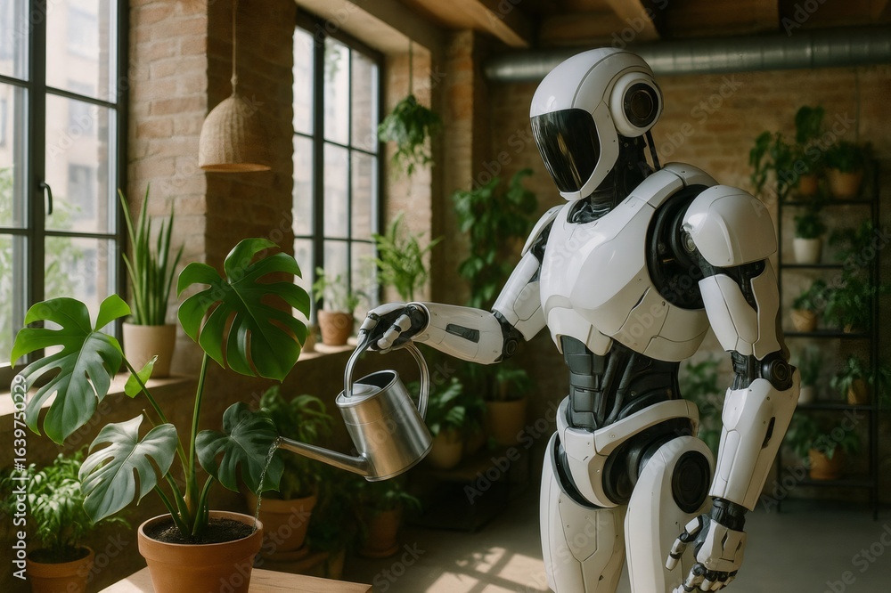 Humanoid robot watering houseplants in a modern apartment, showcasing ...