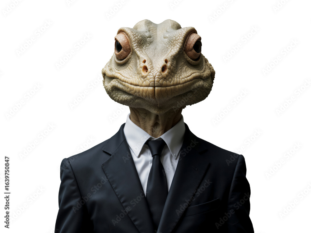 Realistic digital illustration of a humanoid reptilian creature wearing ...