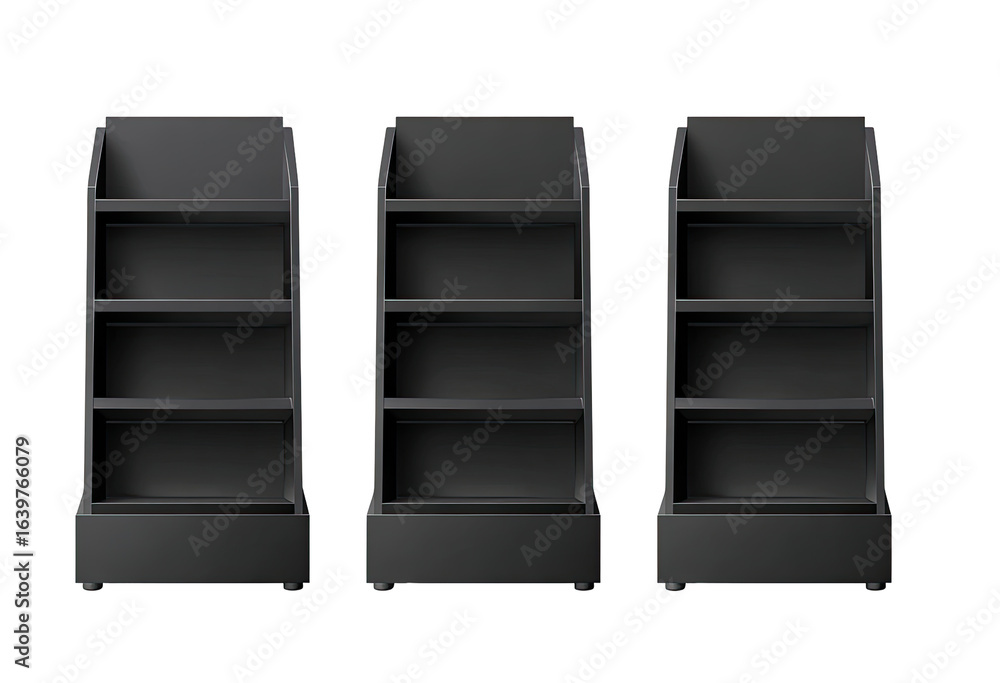 Three empty, dark gray retail display units, each with three shelves ...