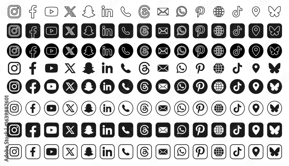 Latest Social media network logo icons 2025. Black and white icons in ...