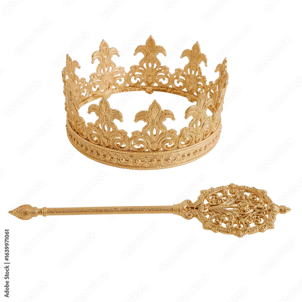 Exquisite golden crown and ornate scepter shimmering symbol of royalty ...