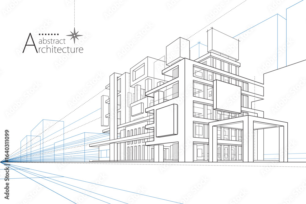 3D illustration abstract urban building out-line drawing of imagination ...