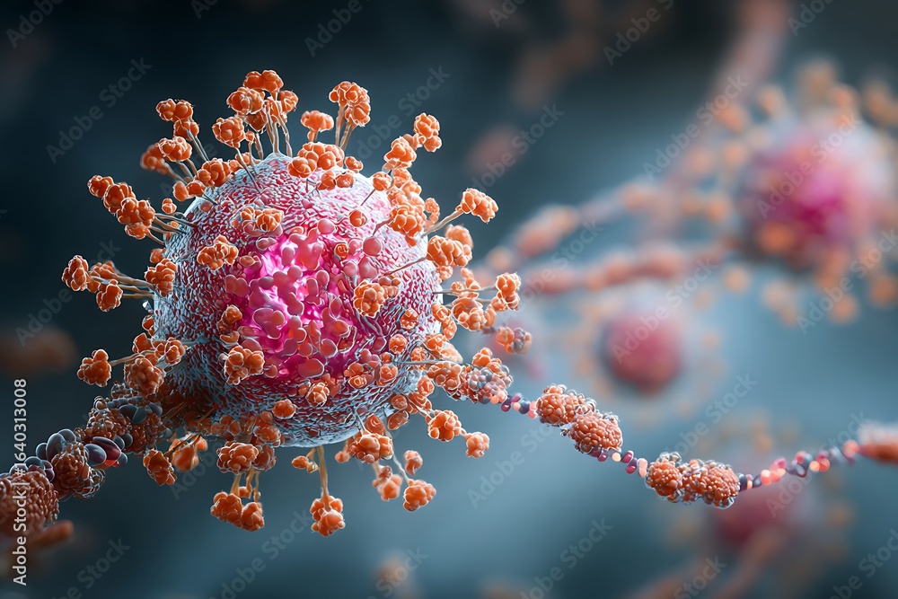 Adenovirus particle binding to CAR receptor on the surface of a human ...