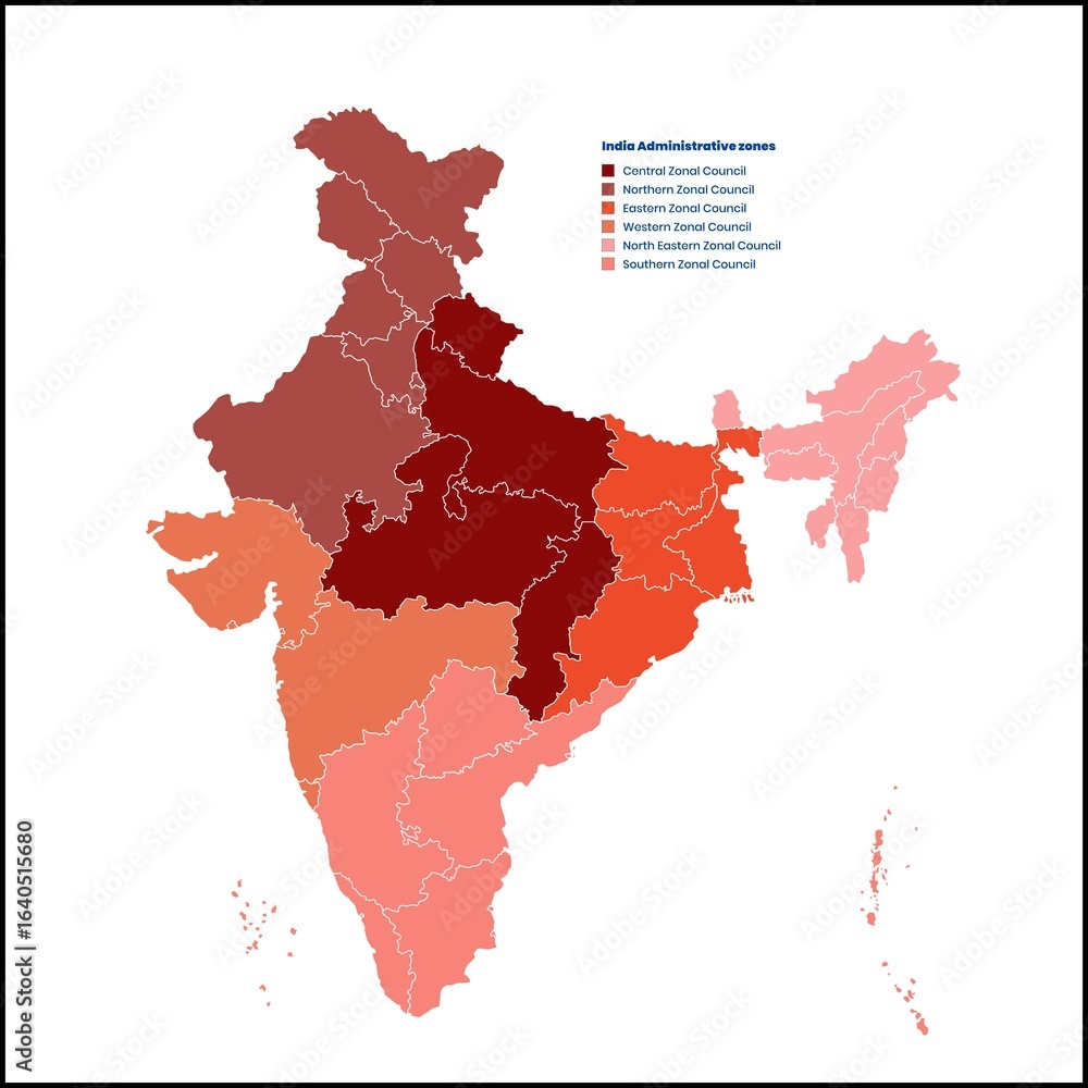 Map of India showing six administrative zones in different shades of ...