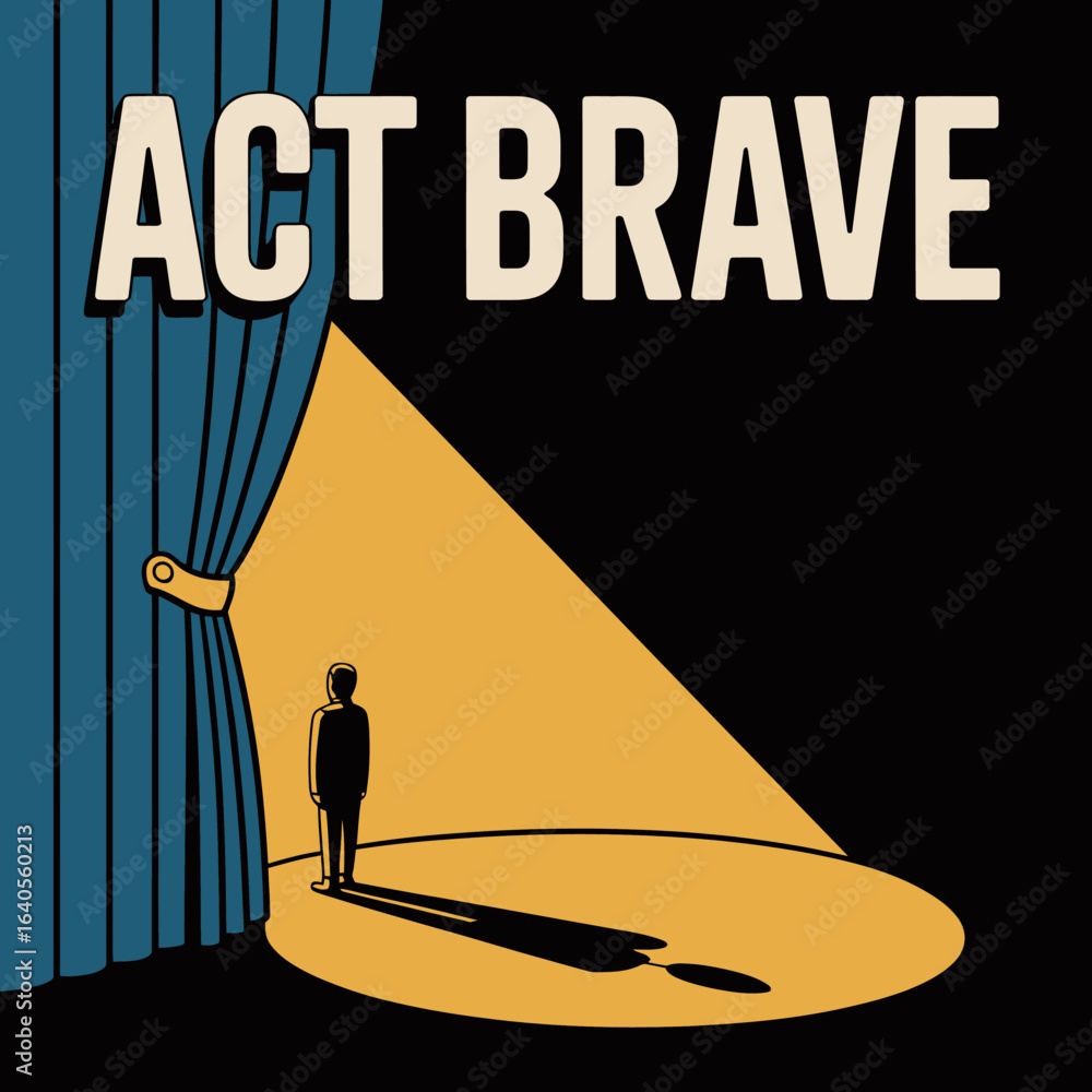 Man acts brave on stage spotlight revealed behind blue curtain ...