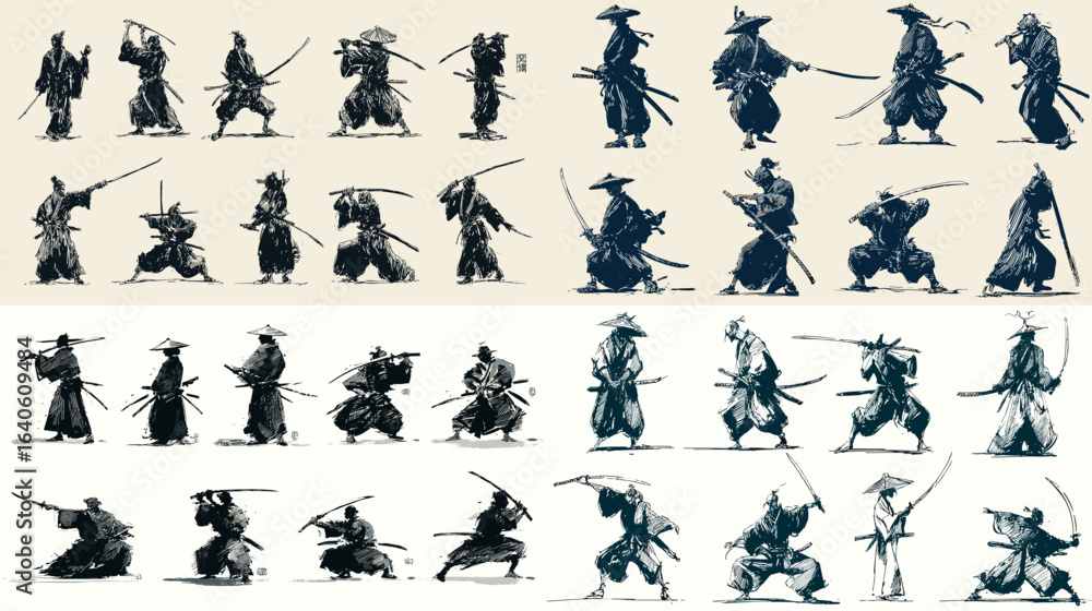 Samurai warrior silhouettes in sword fighting stances, traditional ...