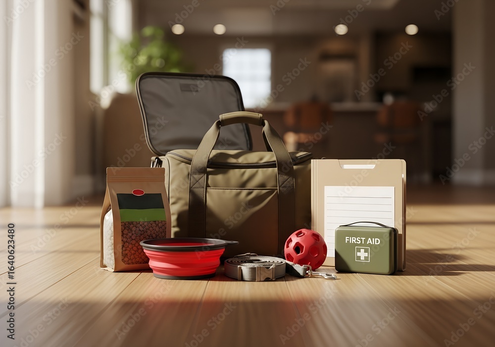 Organized pet emergency kit for travel and safety at home. Stock Photo ...