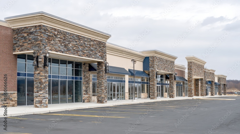 New Retail Strip Mall Facade with Stone Accents and Empty Parking Lot ...