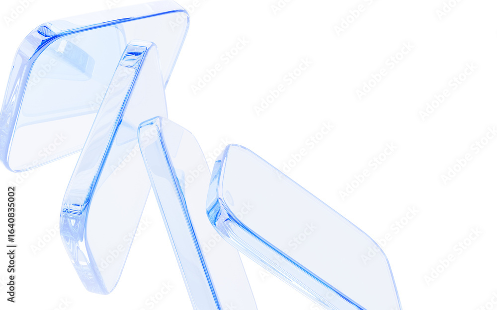 3d glass transparent square shapes on light blue background. Abstract ...