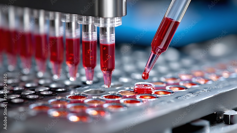 A close-up on an automated pipetting system dispensing red liquid ...