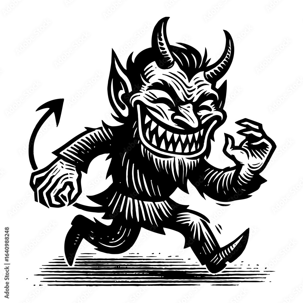 Mischievous Devil Character Running With Evil Smile Black and White ...