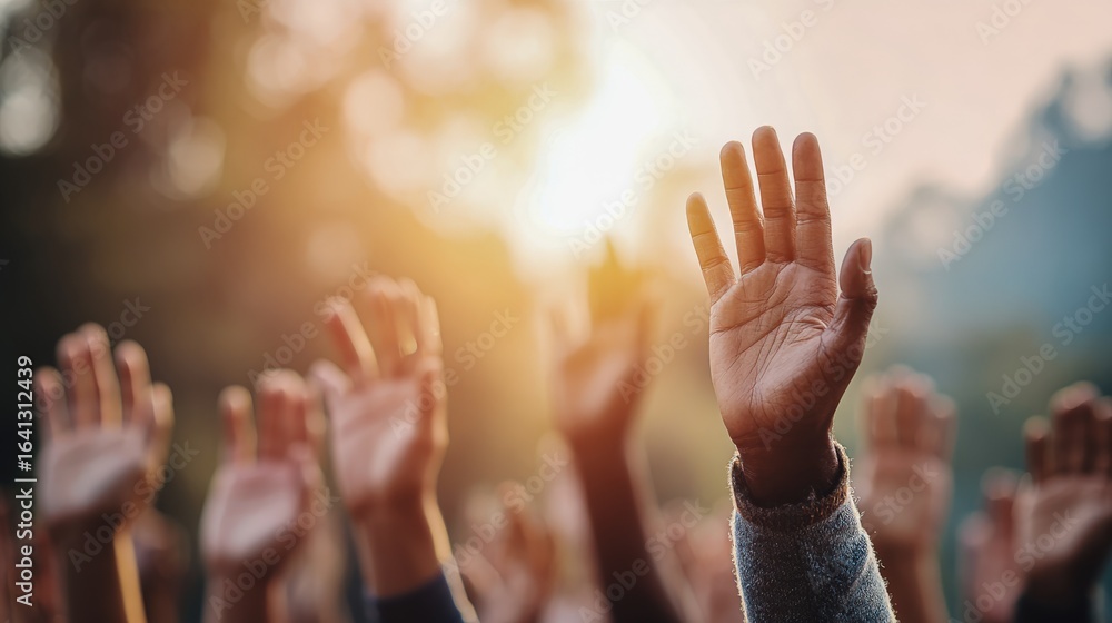Crowd of diverse people raising hands up to the sky in a sign of ...