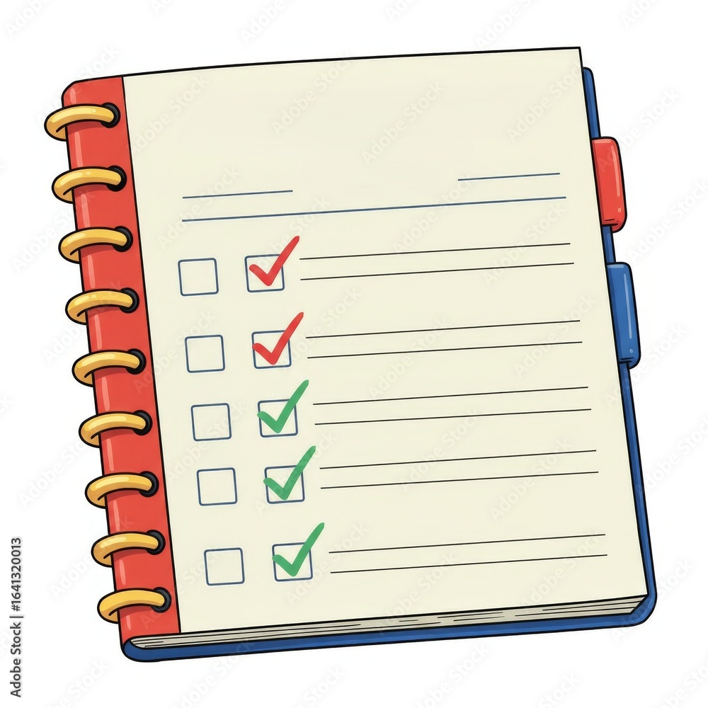 Cartoon Spiral Notebook Checklist with Red and Green Check Marks Stock ...